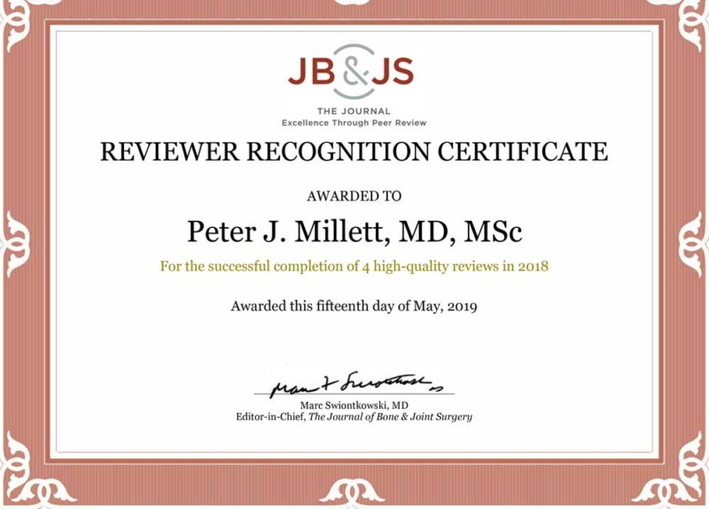 Dr. Peter Millett awarded reviewer recognition certificate by JBJS
